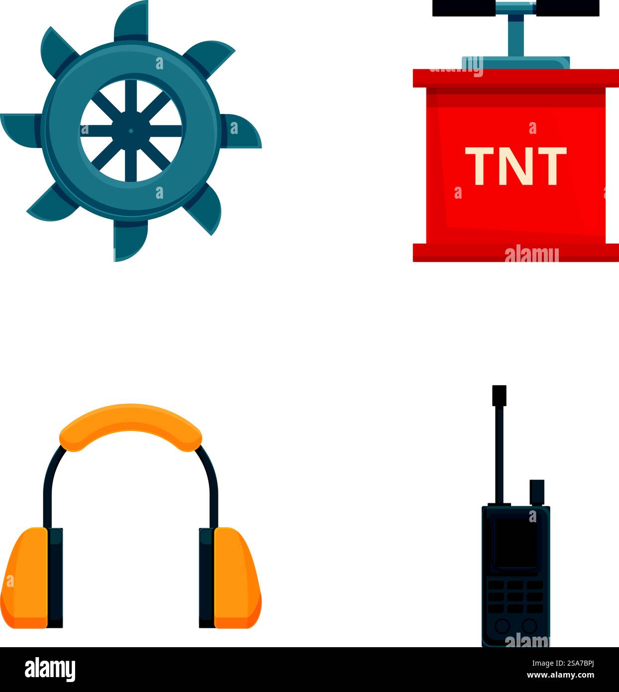 Set of flat vector icons with a ship’s wheel, tnt detonator, earmuffs ...