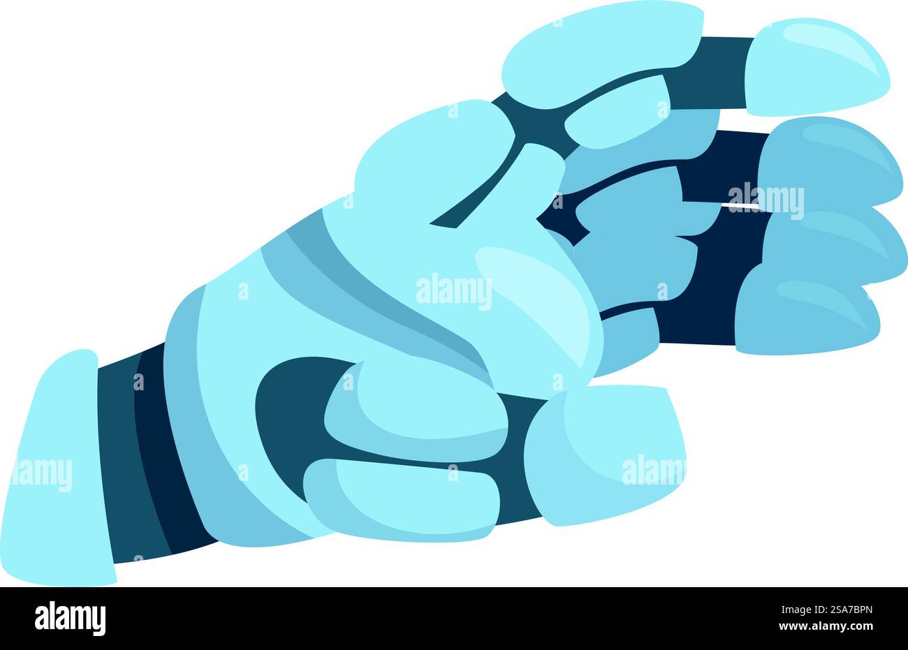 Blue robot hand reaching out with fingers spread open in side view ...