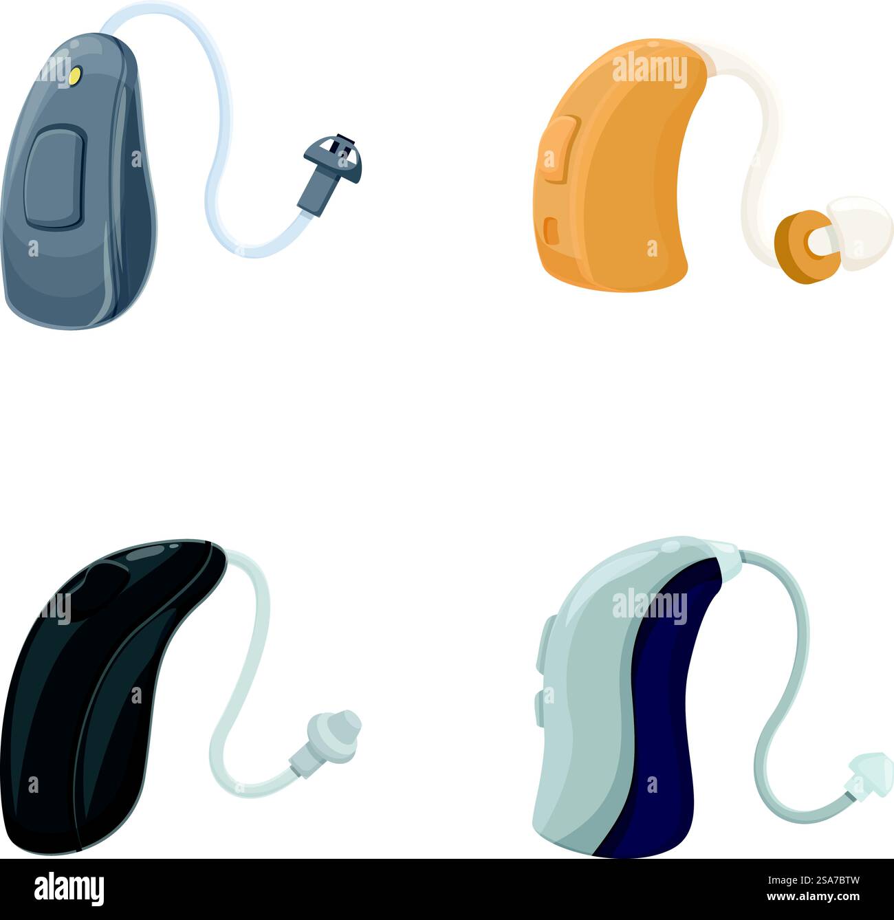 Collection of four different styles of hearing aids, isolated on a pure ...