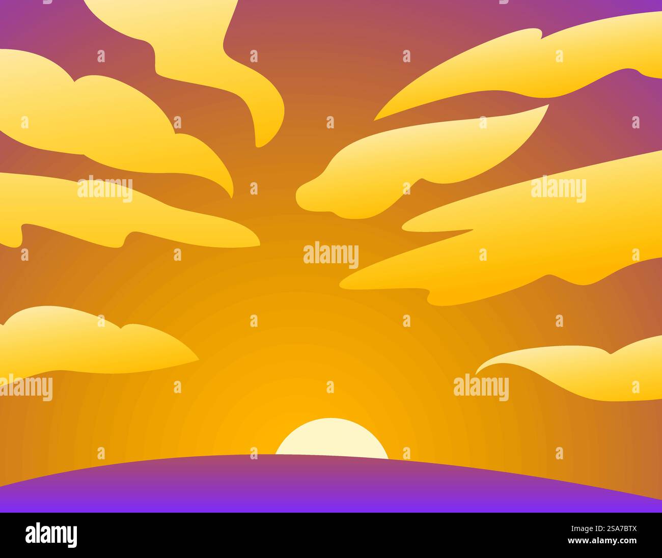 Stylized sunset with sun shining through the golden clouds over the ...