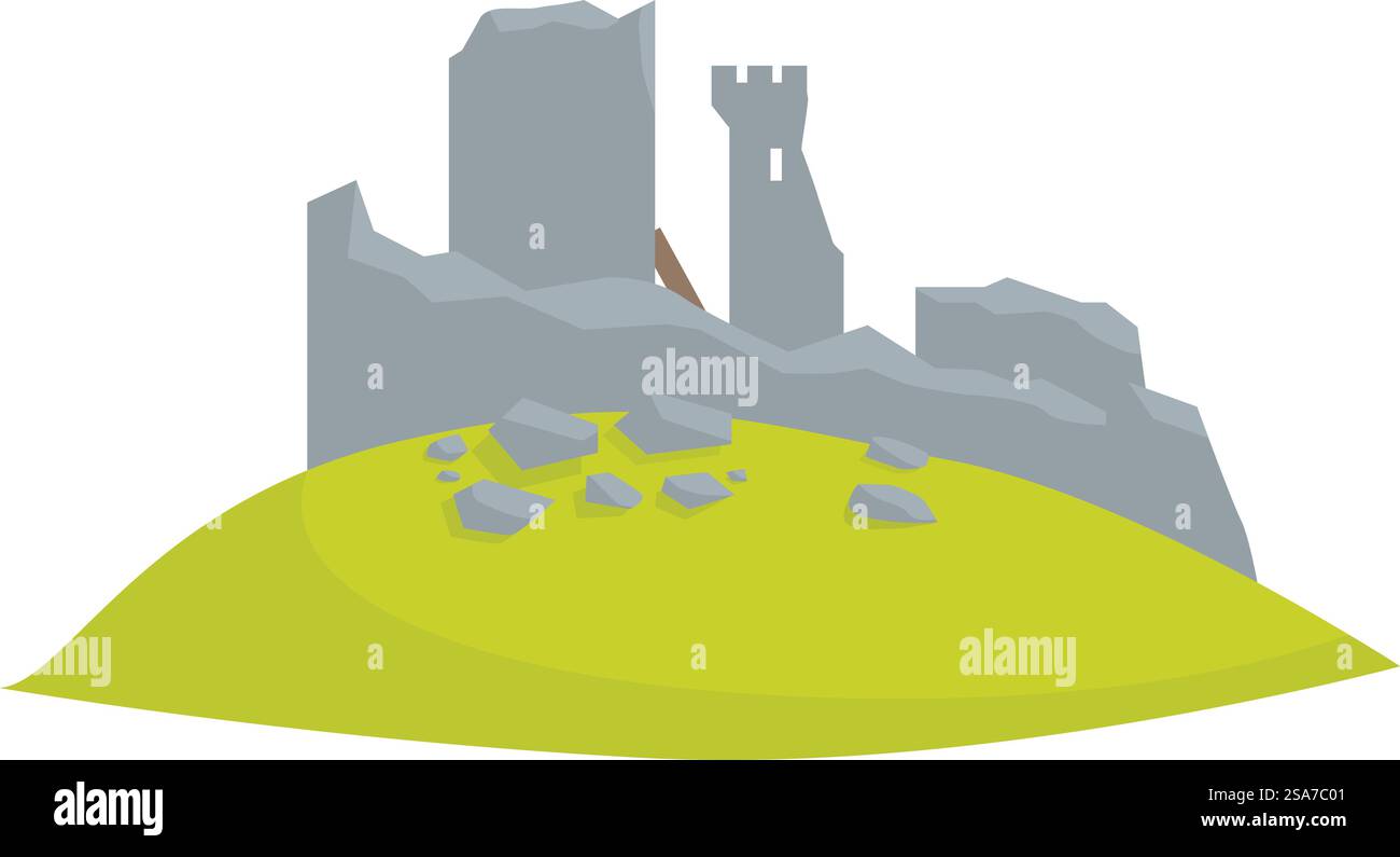 Old grey destroyed castle ruins building standing on a green hill ...
