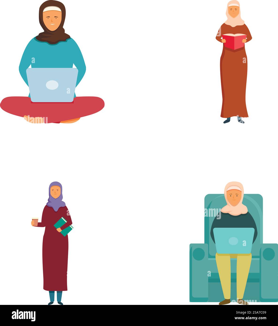 Illustrations depicting muslim women in various activities, showcasing ...