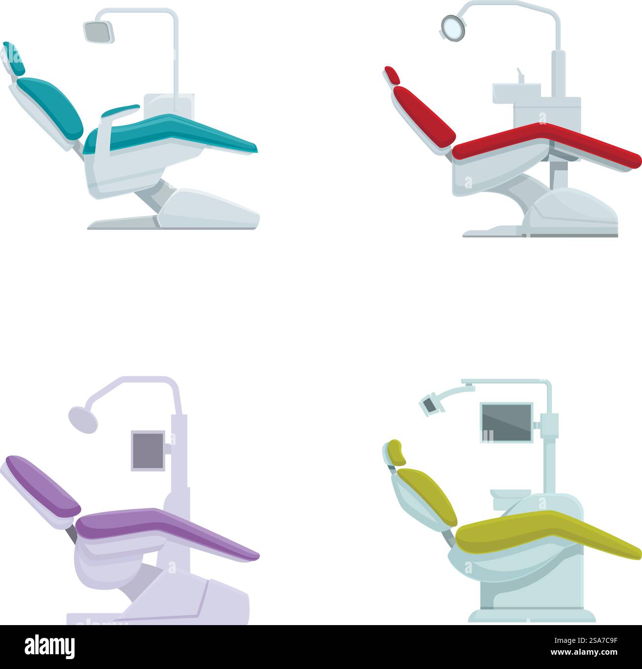 Four different styles of dental chairs in a clean, vector format, suitable for dental service ...