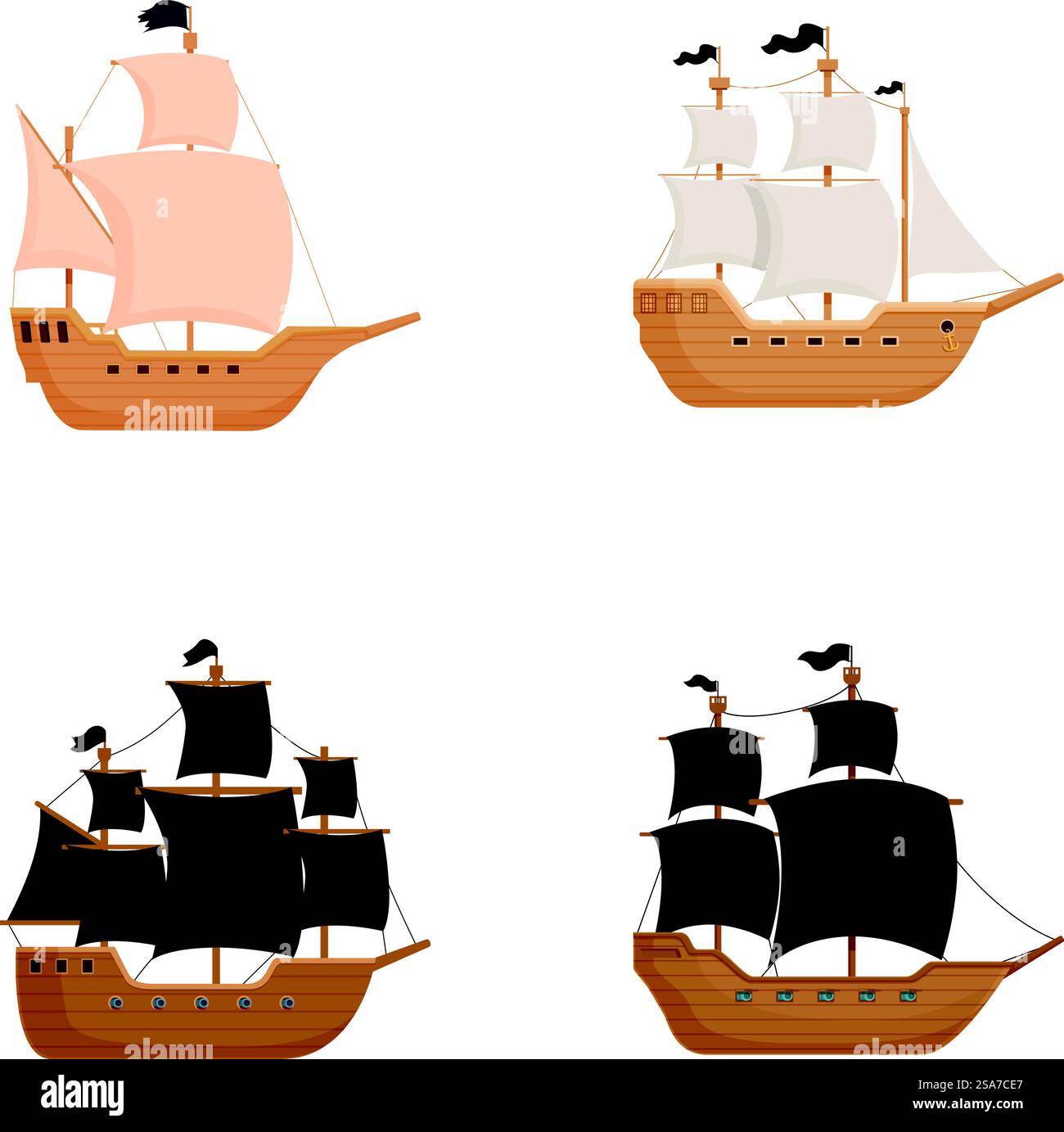 Set of four classic sailing ships on a white background, showcasing ...