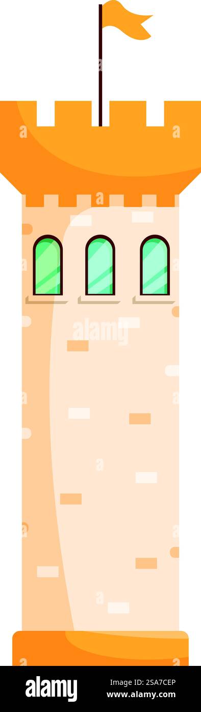 Cartoon illustration of a medieval stone tower with a flag waving in ...