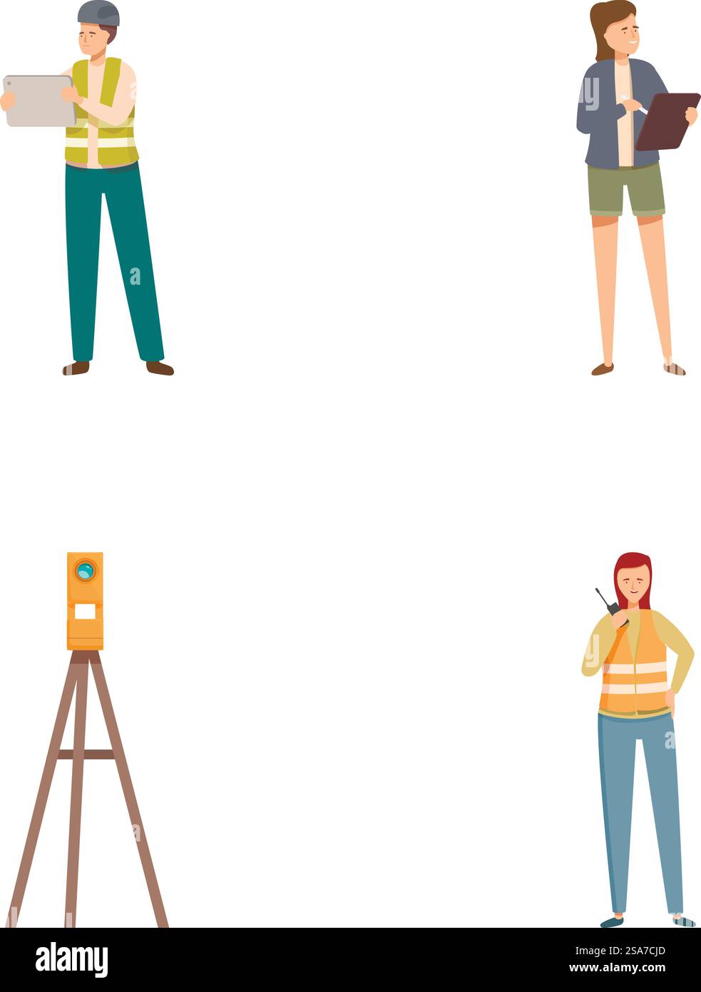 Vector illustrations of surveyors with tools and equipment for ...
