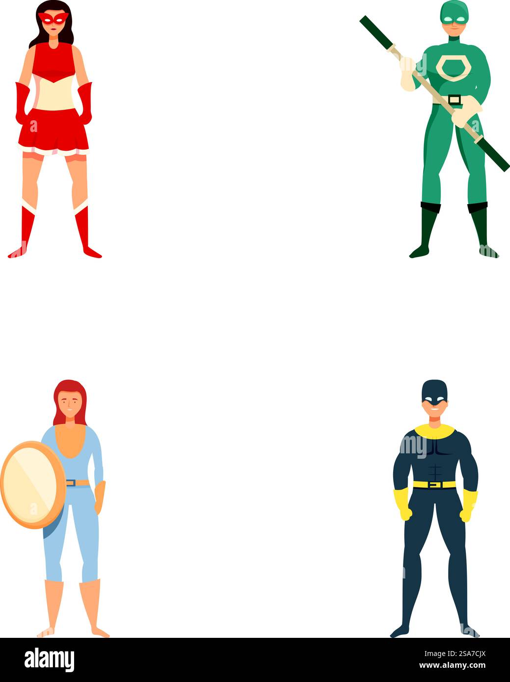 Vector illustration of four distinct superheroes in dynamic poses ...