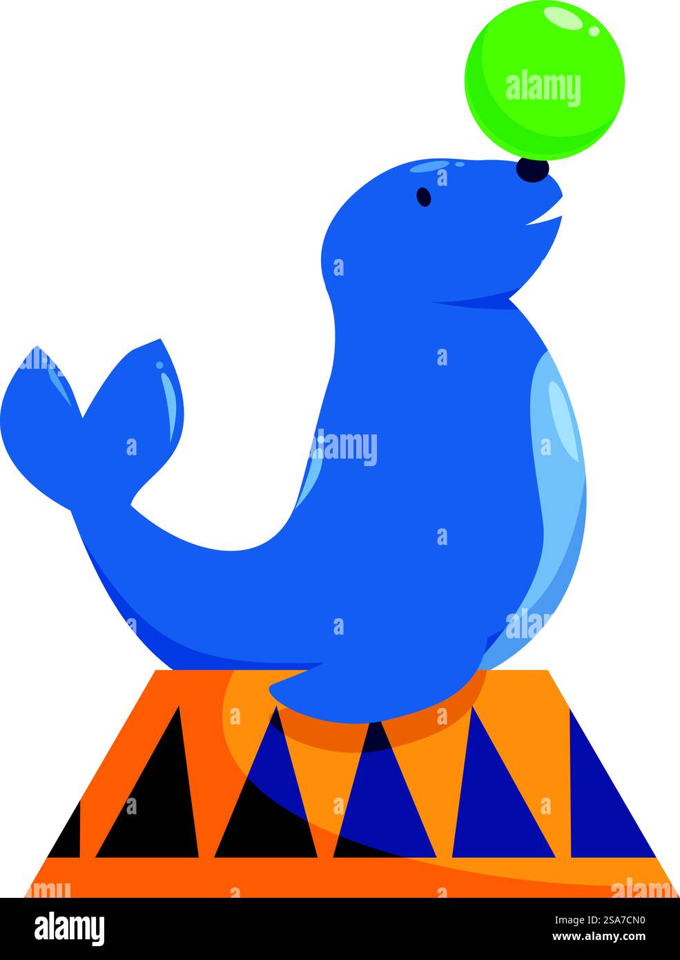 Trained circus seal balancing a ball on its nose while performing on a ...