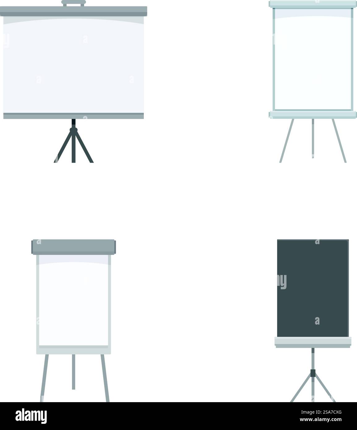 Set of four different blank presentation boards on stands, ready for ...