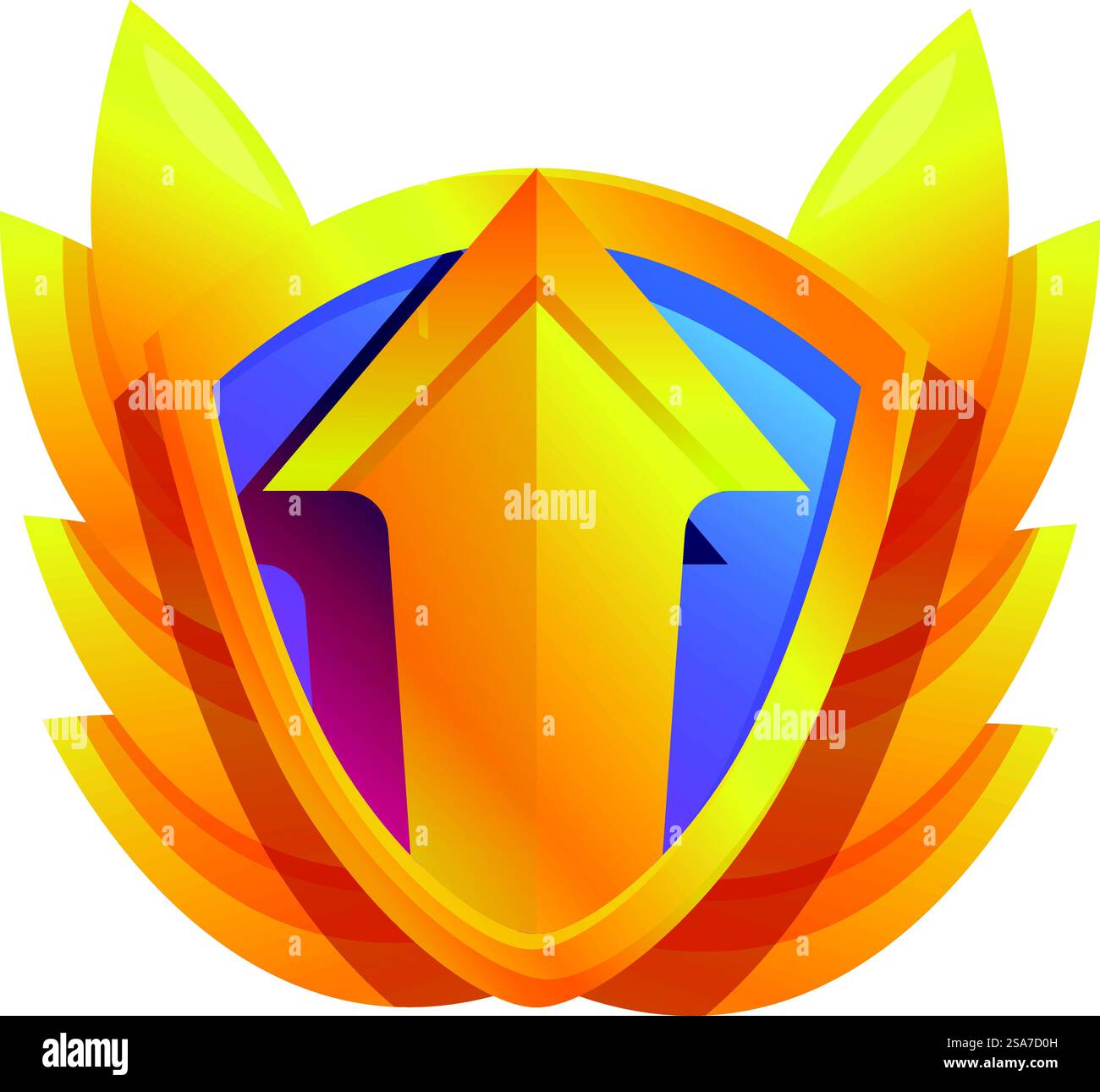 Golden shield with wings is protecting a golden arrow pointing upward ...