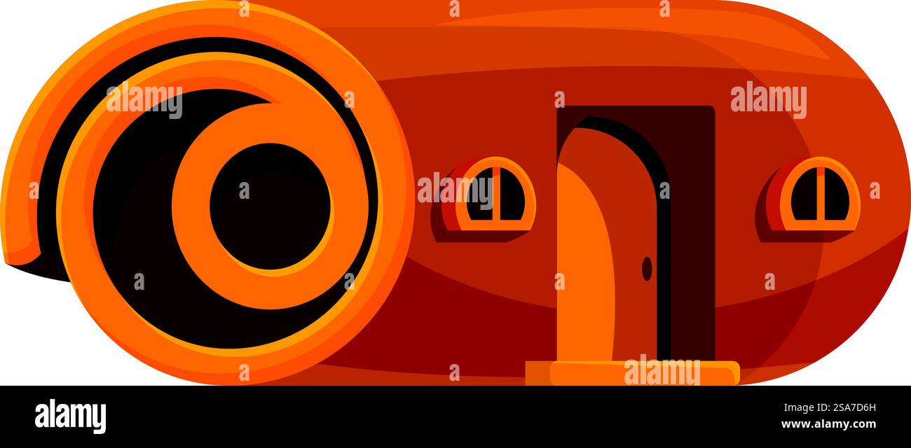 Orange house with round shape and spiral entrance is standing against ...