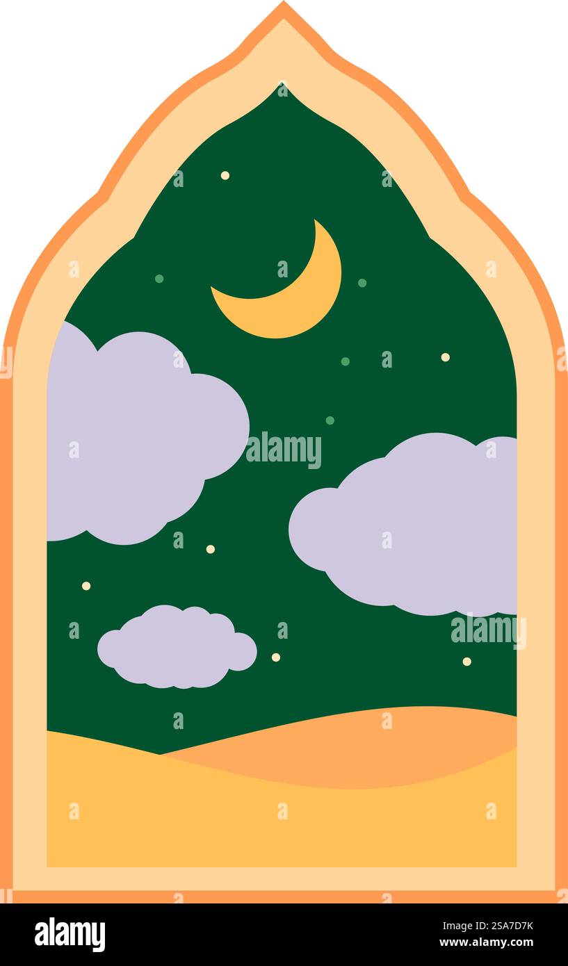 Colorful illustration depicting the desert at night through an arabian ...