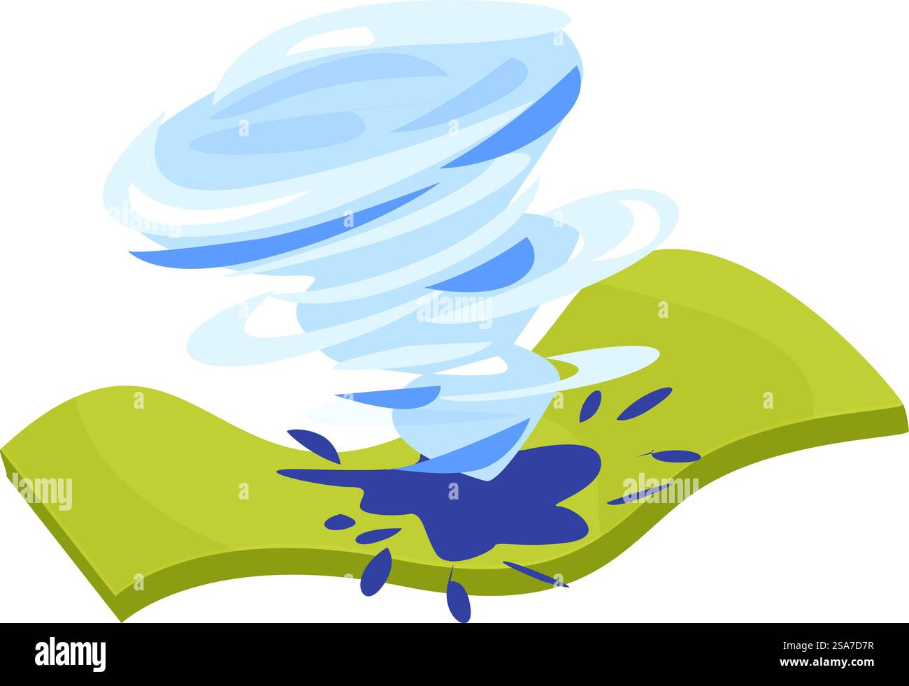 Cartoon blue tornado rotating over yellow ground leaving a dark spot ...