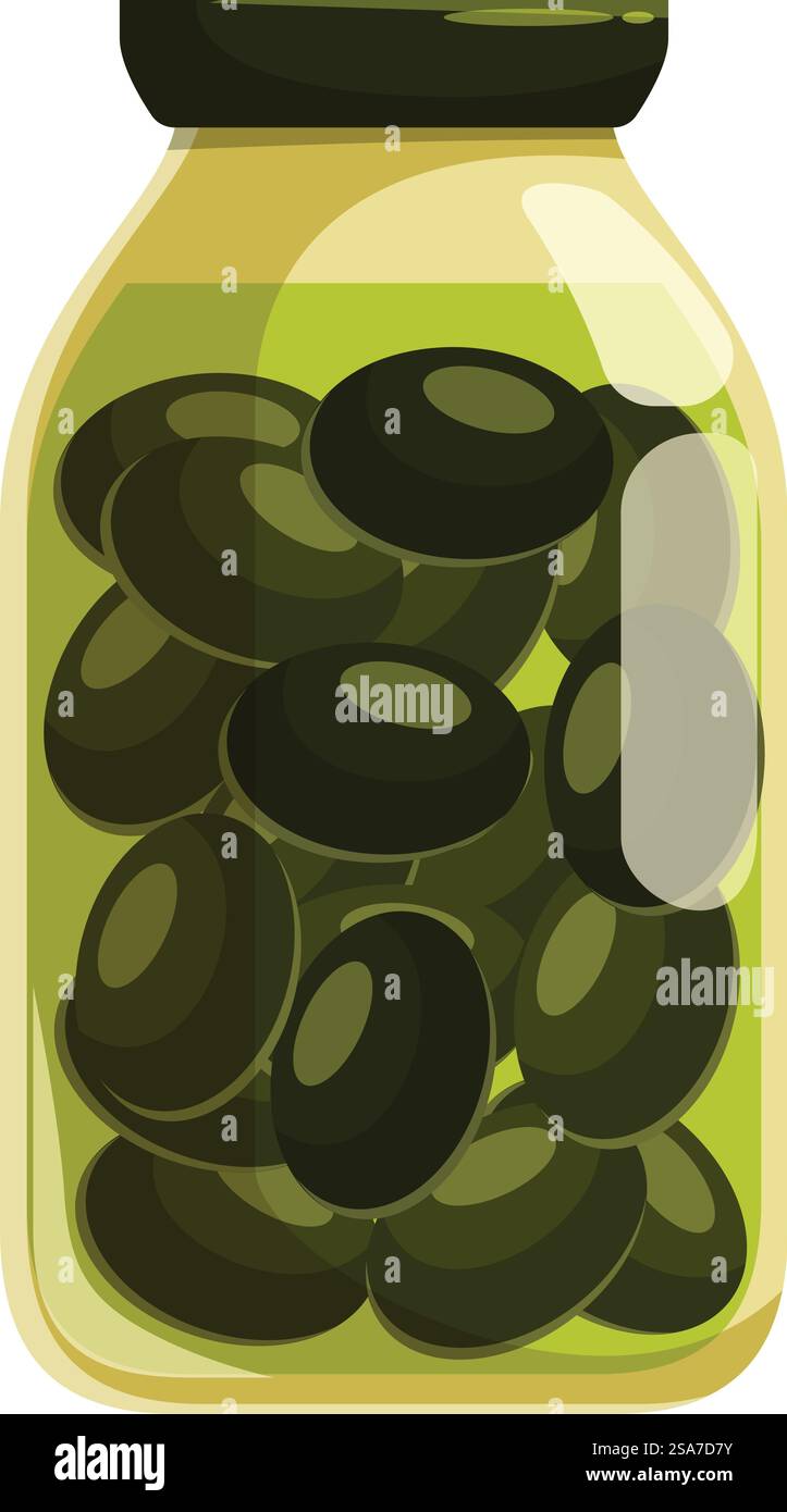 Glass jar filled with green olives preserved in oil or brine, isolated ...