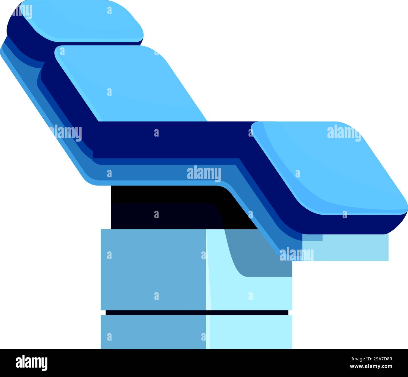 Modern medical examination table with blue cushions is standing in a ...