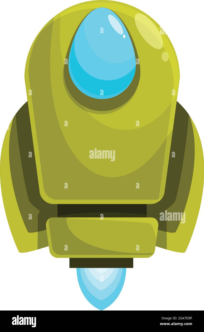 Green spaceship flying with blue engine fire illustration. Cartoon ...