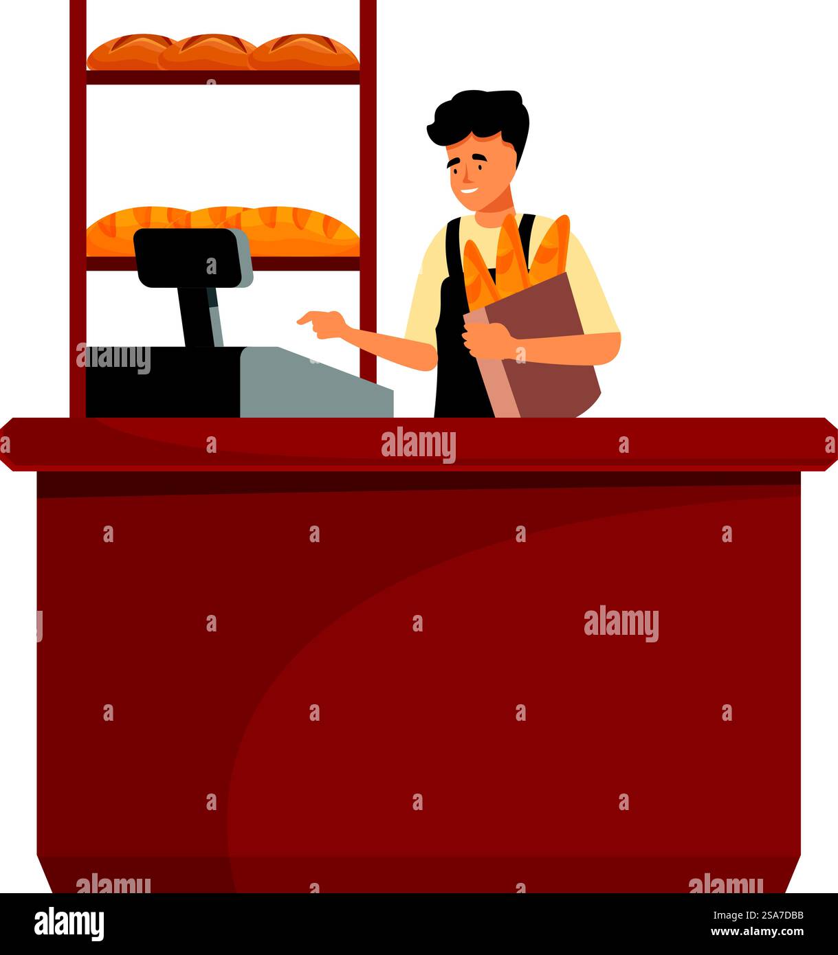 Bakery clerk is holding a bag of baguettes and using a cash register ...