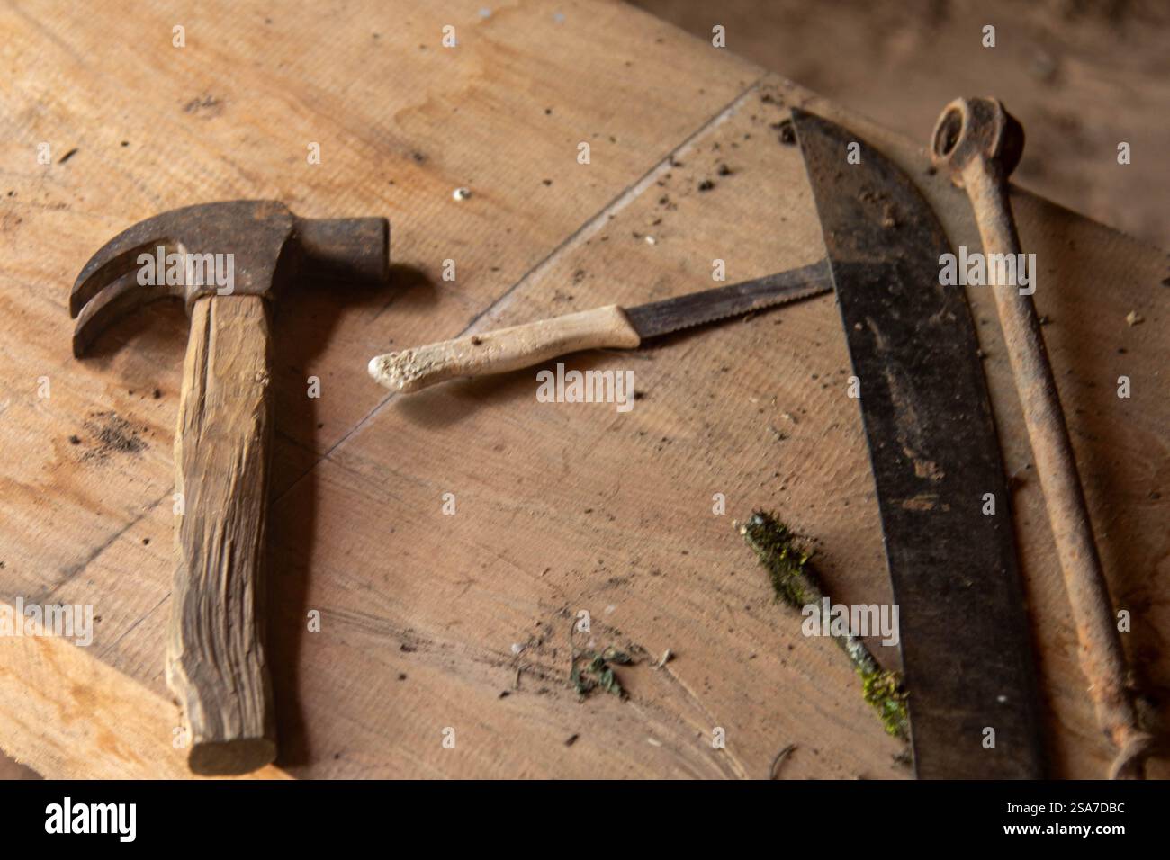 Tools on raw wood table Stock Photo - Alamy