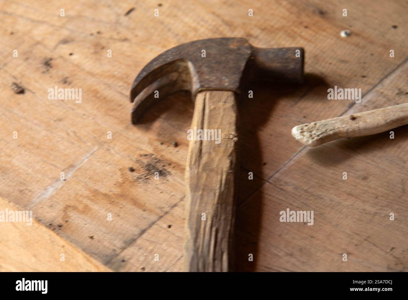 Tools on raw wood table Stock Photo - Alamy