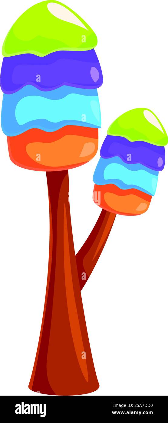 Two colorful fantasy trees growing side by side with brown trunks and ...