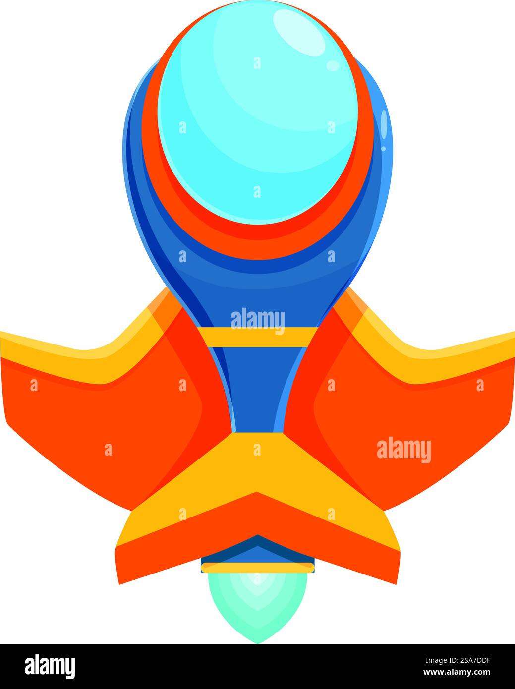 Cartoon spaceship flying in the sky with the engine ignited. Blue and ...