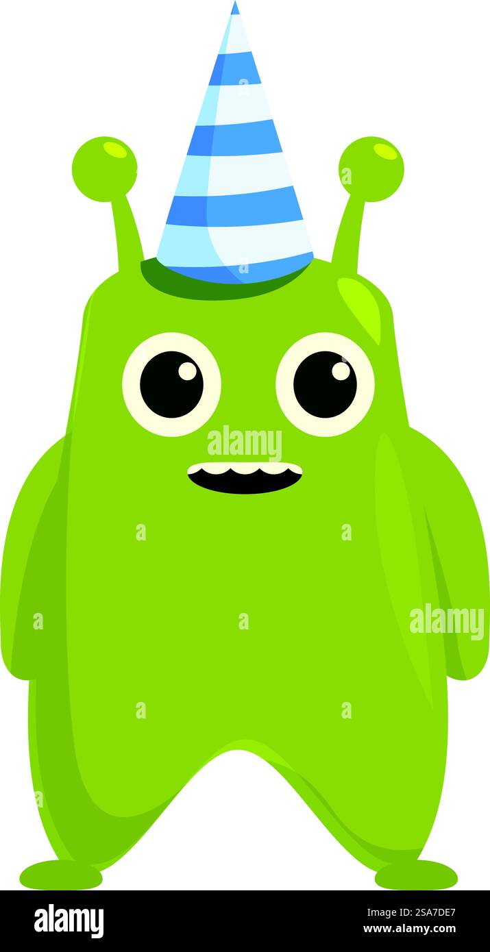 Friendly green alien wearing a blue and white striped birthday hat and ...