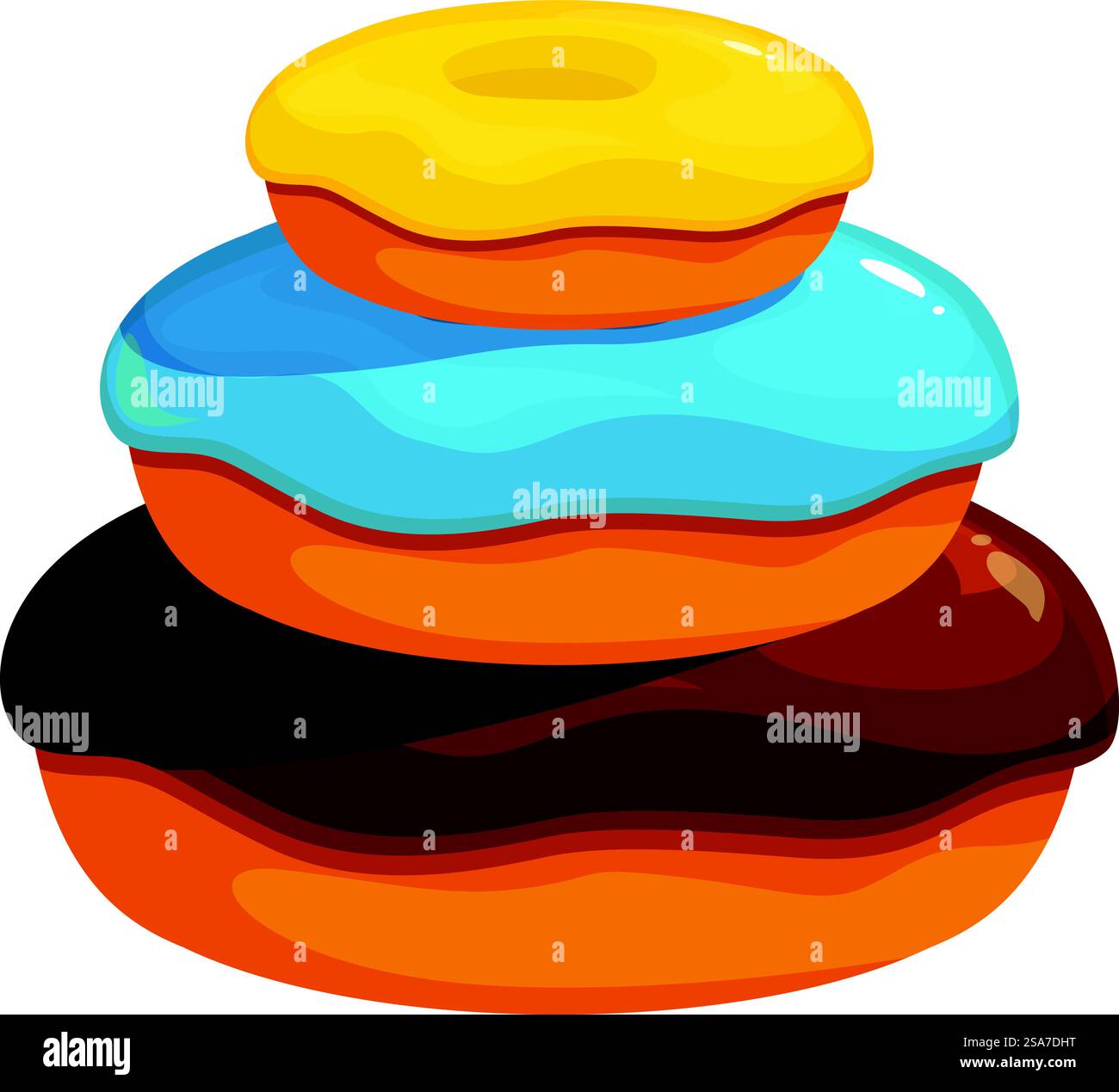 Three donuts with chocolate, blue, and yellow icing are making a ...