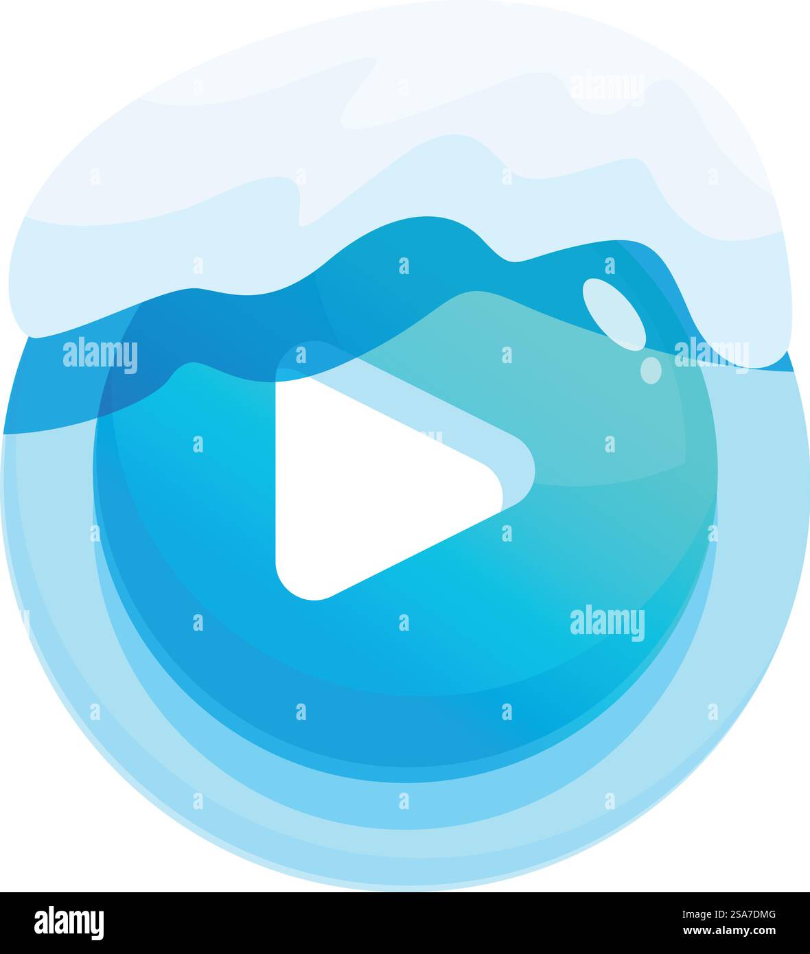 Blue and white play button covered with snow symbolizing winter ...