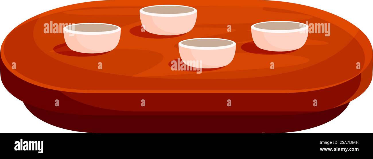 Wooden tea table holding four cups for traditional ceremony. Four cups ...