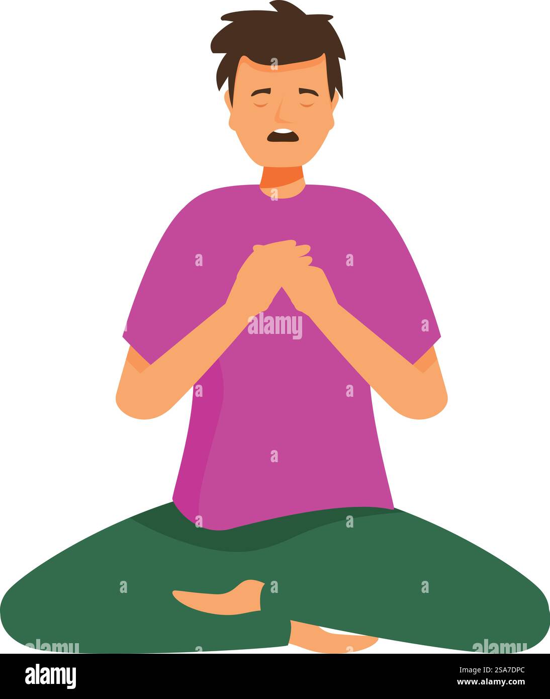 Young man is sitting in lotus pose, practicing deep breathing exercises ...