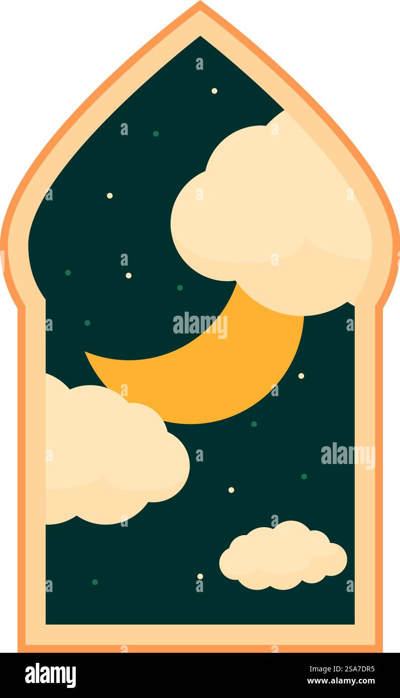 Crescent moon shining over clouds in an arabian window at night ...