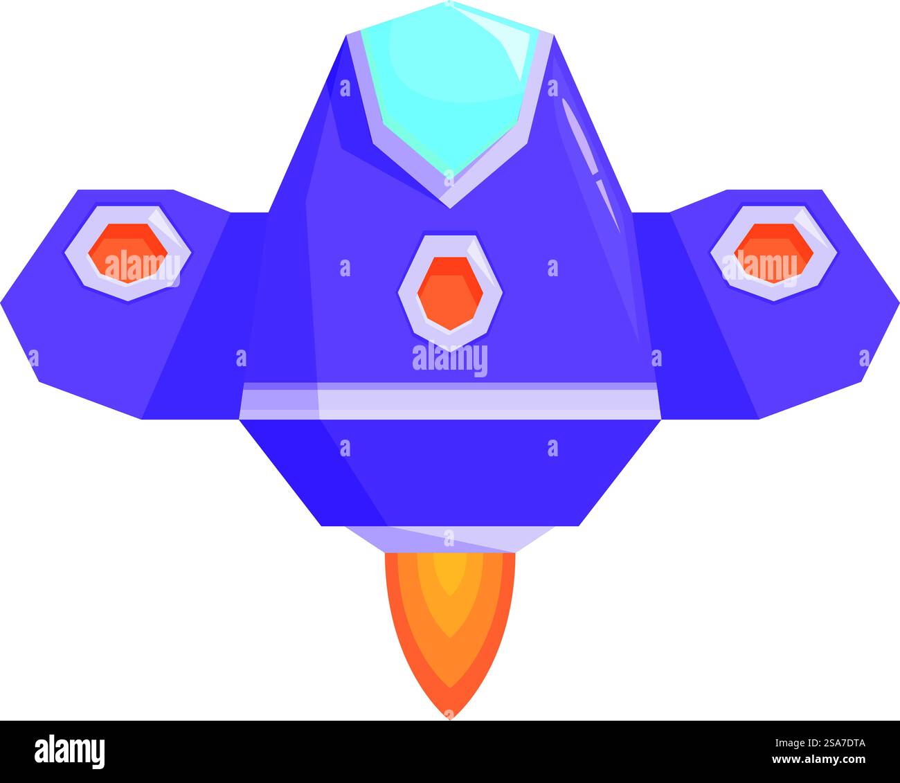 Cartoon spaceship flying in space with the engine burning. Cartoon ...