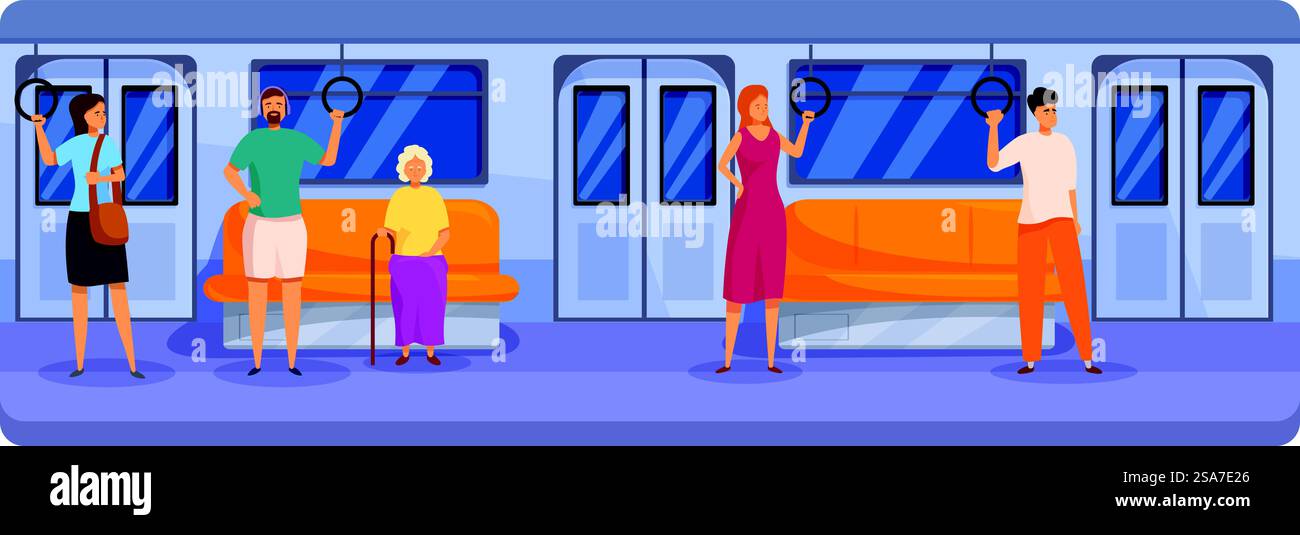 Diverse people standing and sitting in modern subway car. Diverse group ...