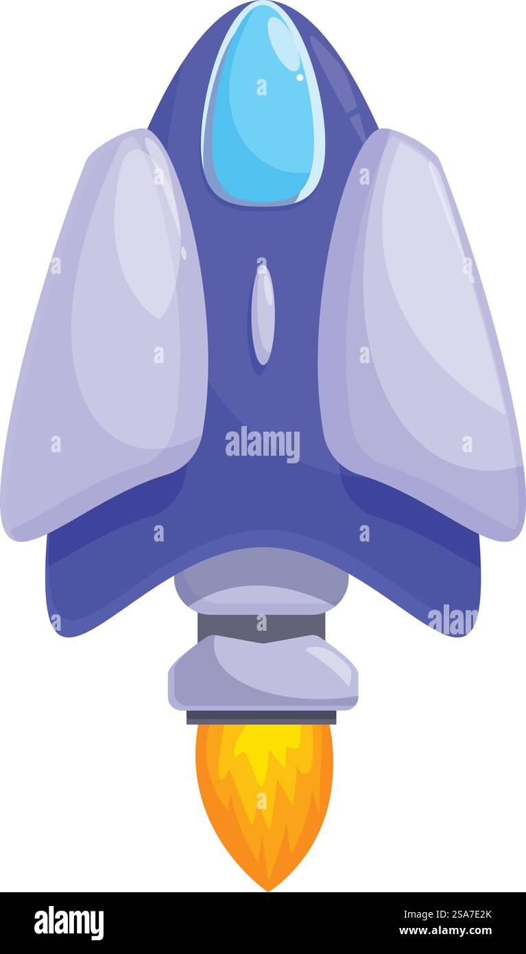 Blue spaceship flying with fire behind on white background. Cartoon ...