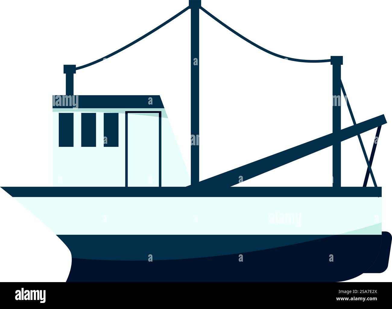 Fishing boat is sailing on the water, showcasing its cabin, mast, and ...