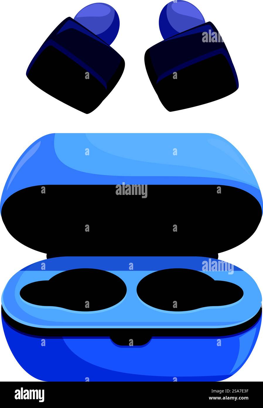 Open blue wireless earbuds case is floating above, showing the charging ...