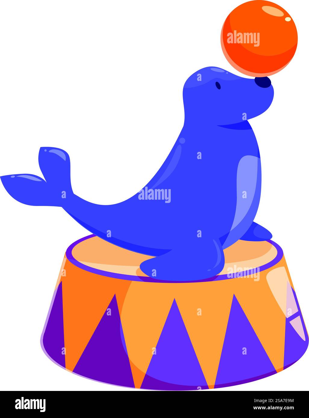 Trained circus seal balancing an orange ball on its nose while standing ...