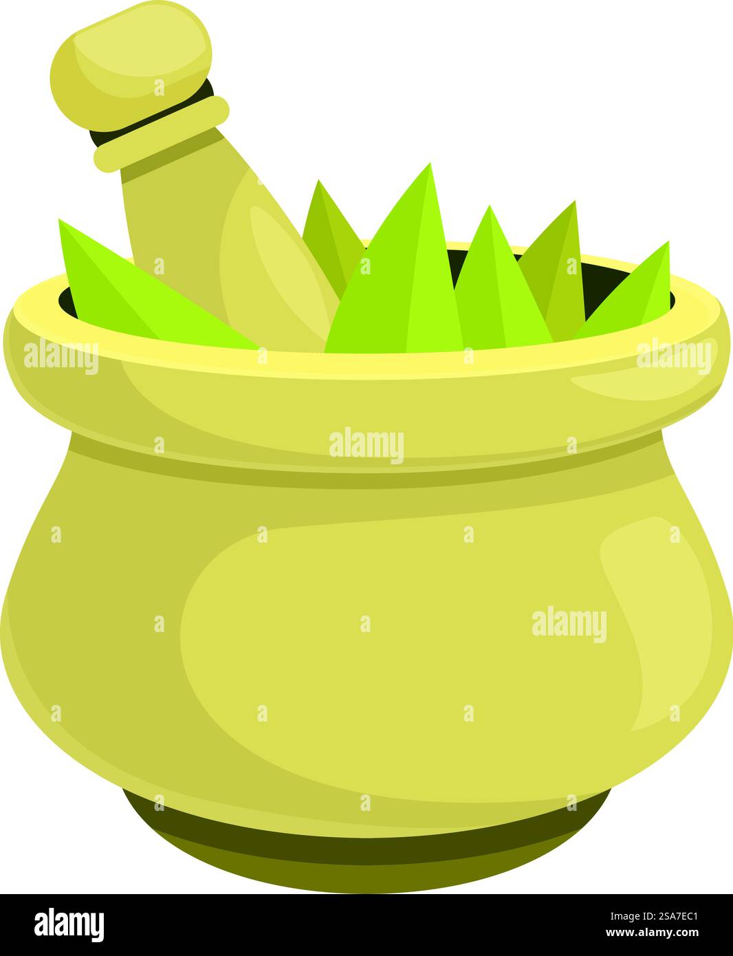 Mortar and pestle filled with fresh herbs, ready for grinding and ...