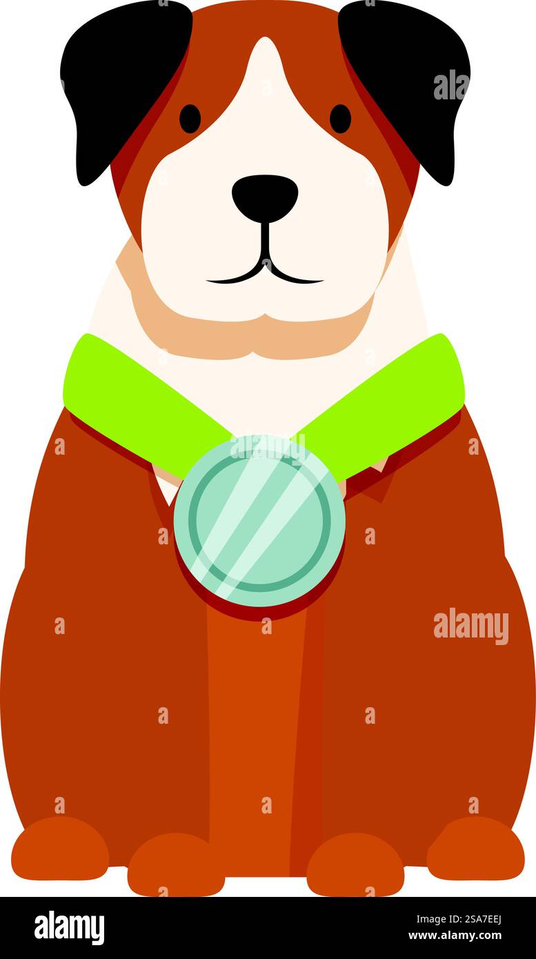 Cartoon dog wearing a medal on a green ribbon, celebrating a victory ...