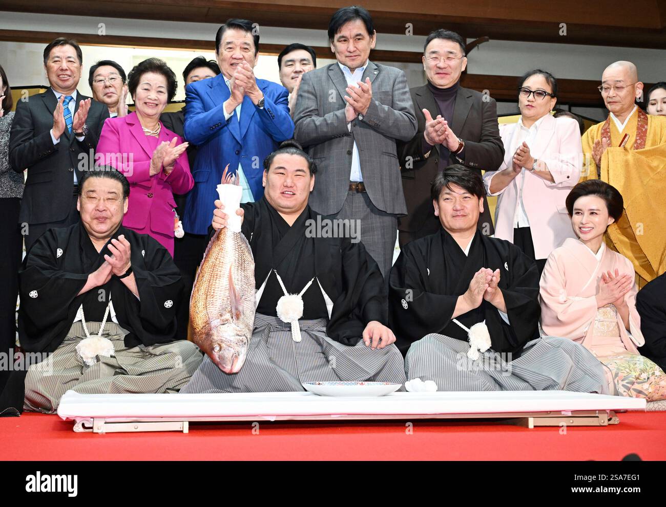 Hoshoryu, Mongolian Ozeki sumo wrestler（left from second）celebrates ...