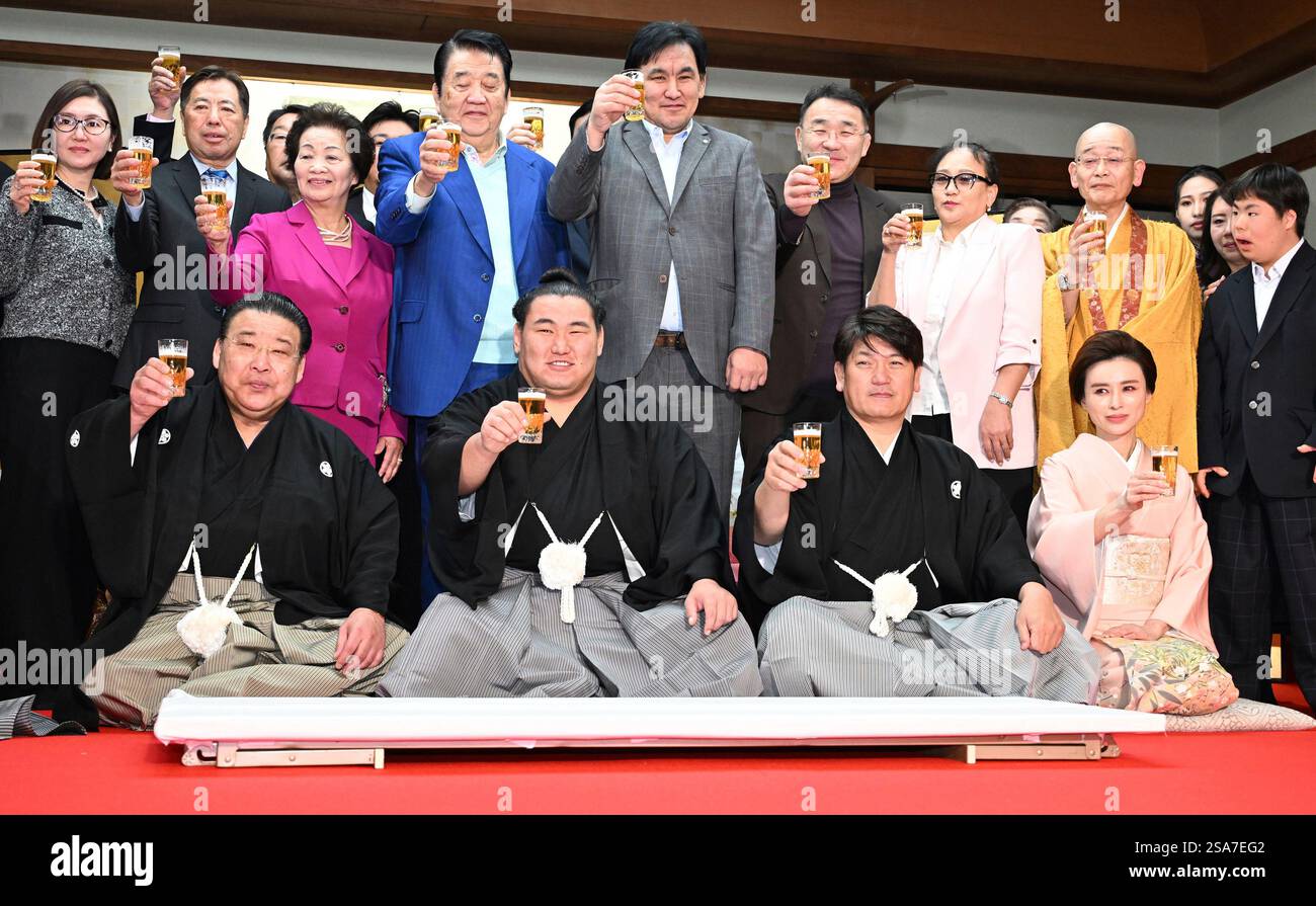 Hoshoryu, Mongolian Ozeki sumo wrestler（left from second）celebrates ...