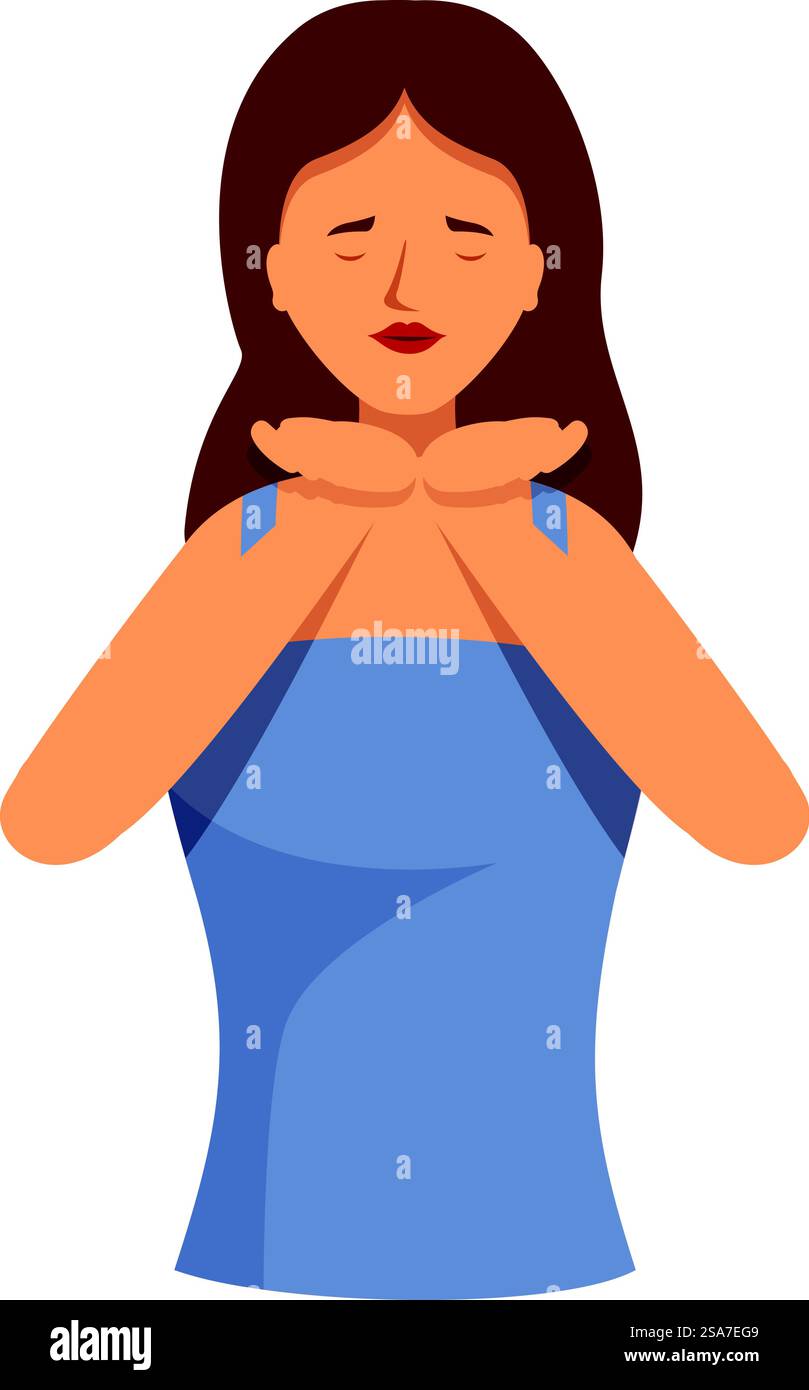 Woman with a blue shirt and red hair is holding her chin. Woman with ...