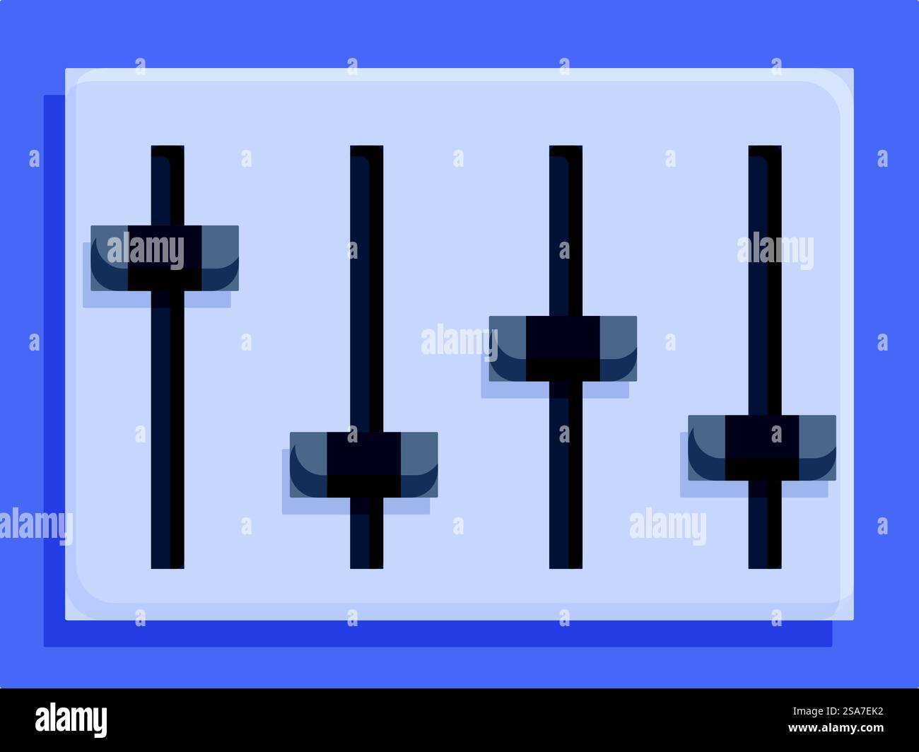 Blue audio mixing console is adjusting sound levels with four black ...