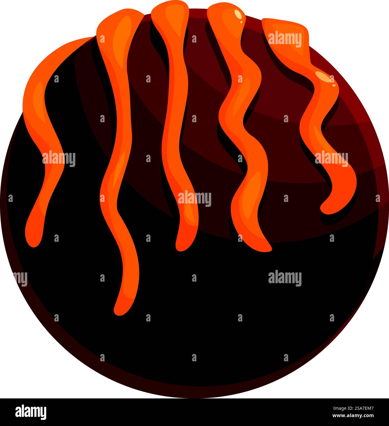 Delicious round chocolate candy is covered with flowing wavy caramel ...