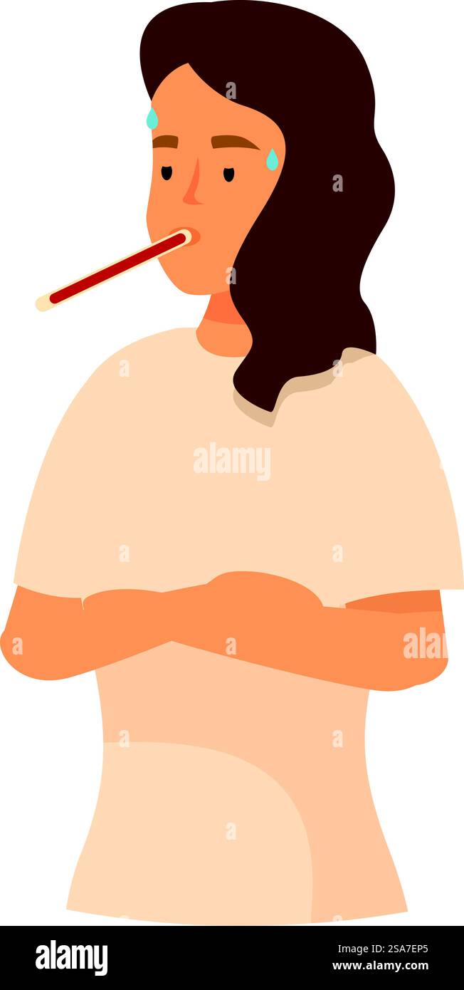 Sick young woman with a thermometer in her mouth feeling unwell and ...
