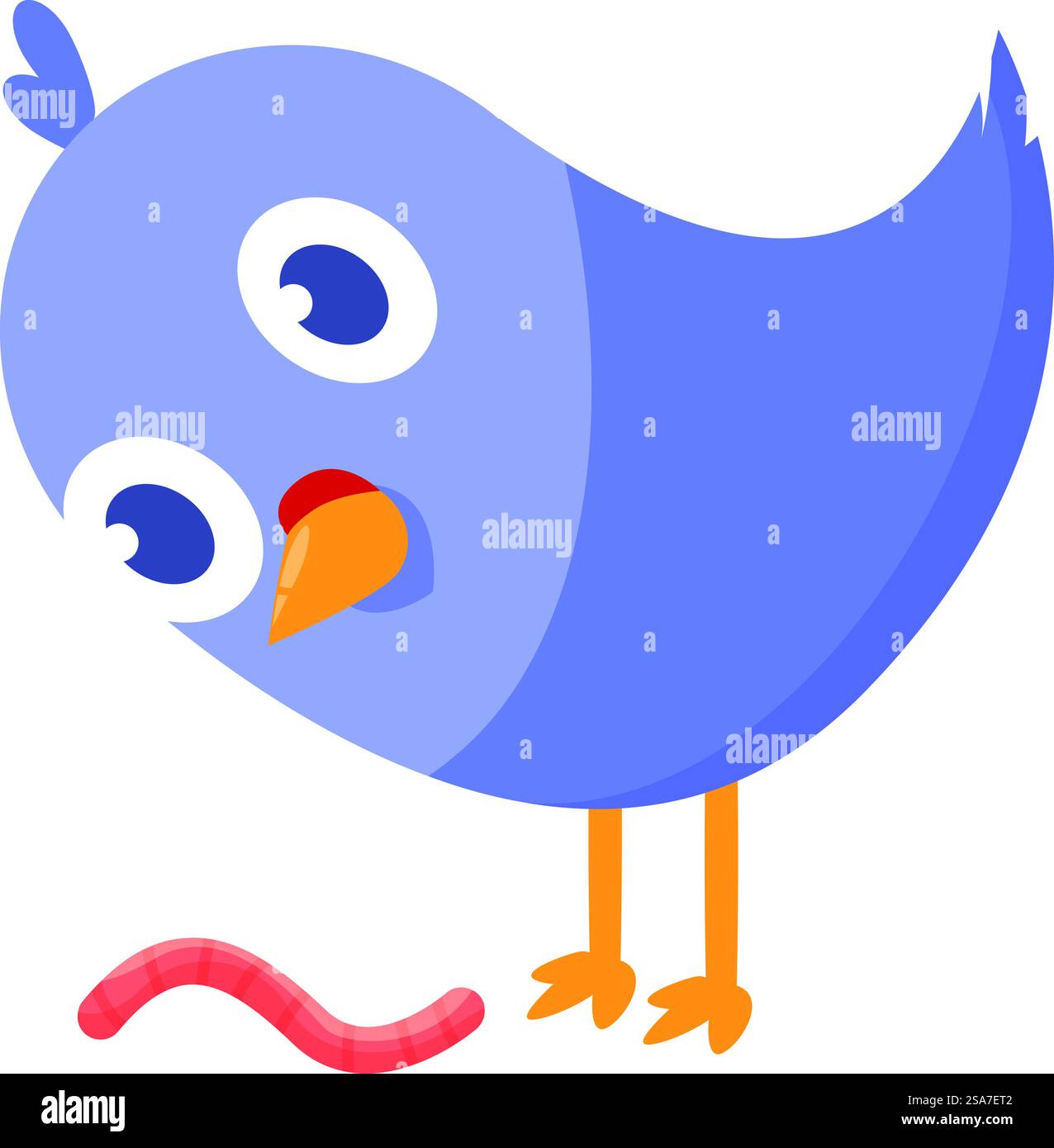 Cute blue bird looking at red worm on the ground. Cartoon bird looking ...