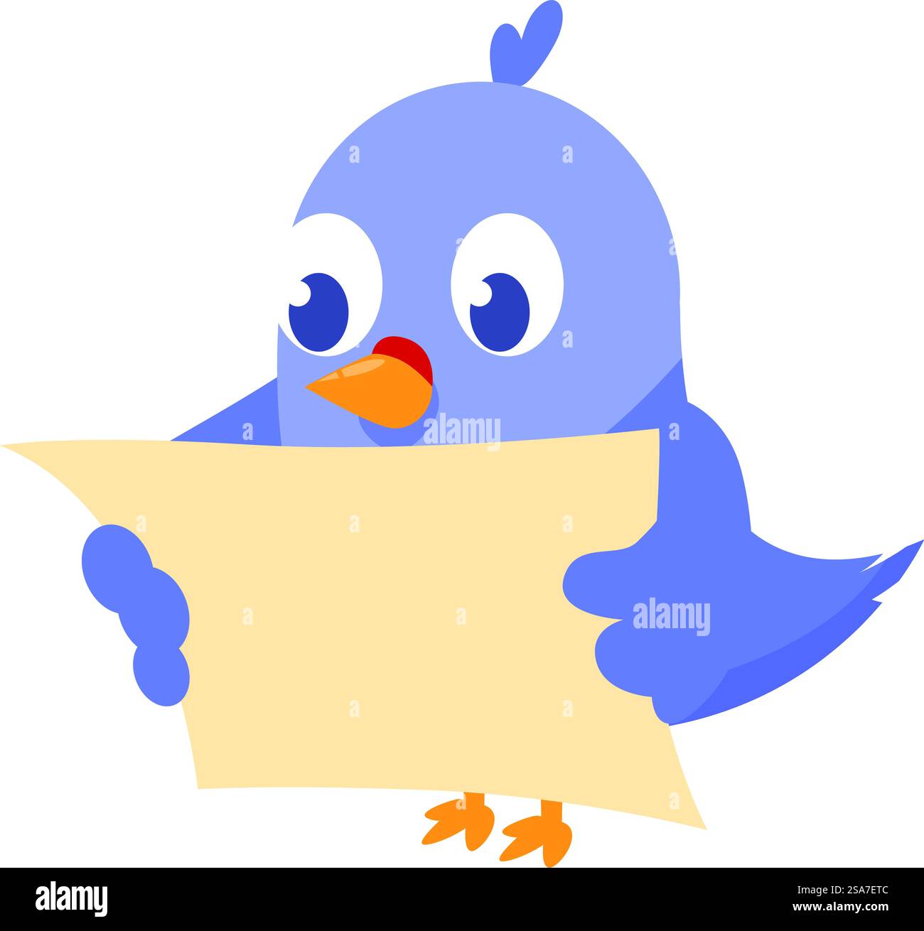 Cute cartoon blue bird is holding a blank piece of paper. Curious blue ...