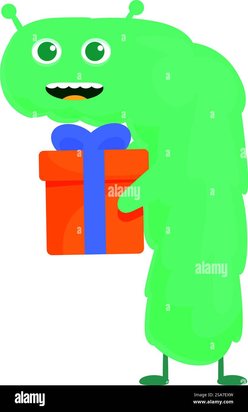 Smiling cartoon monster is holding a gift wrapped present with a blue ...