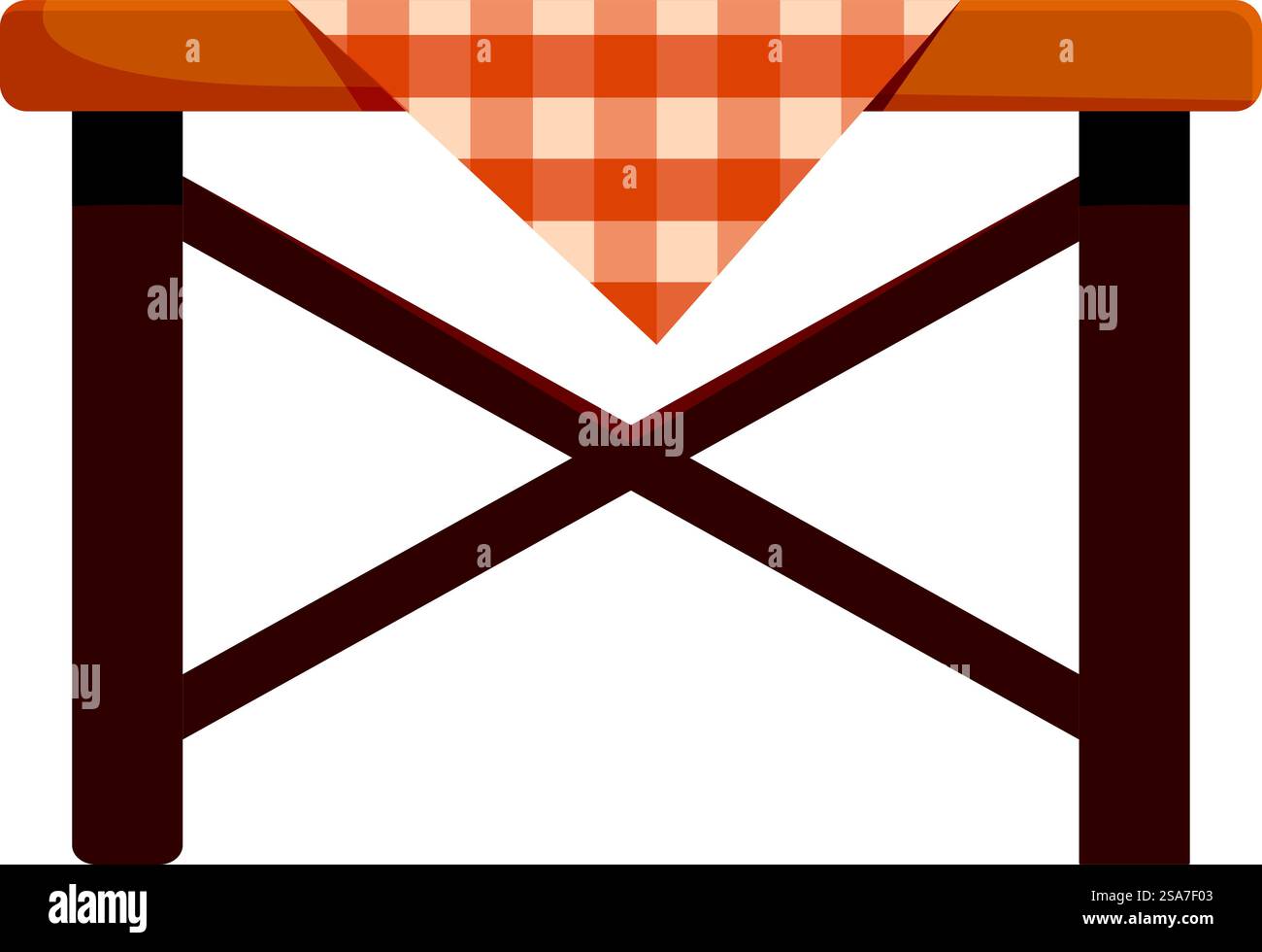 Wooden table with crossed legs supporting a rectangular top covered with a red checkered ...