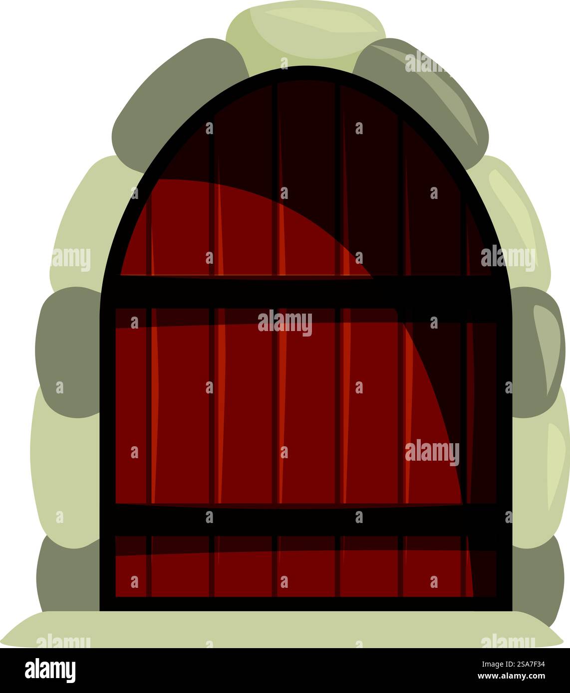 Cartoon style icon of an old wooden doorway with an arch made of stones ...